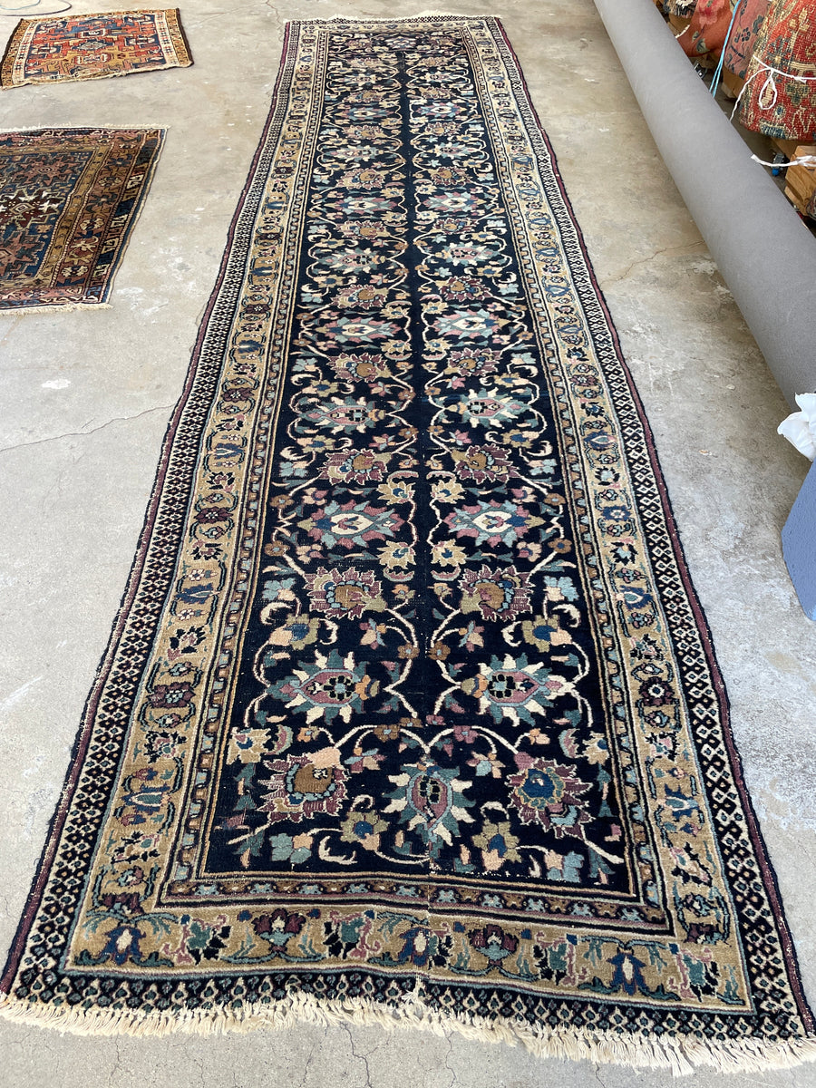 3x14 Antique Navy Blue and Mauve Runner #3068ML – Blue Parakeet Rugs