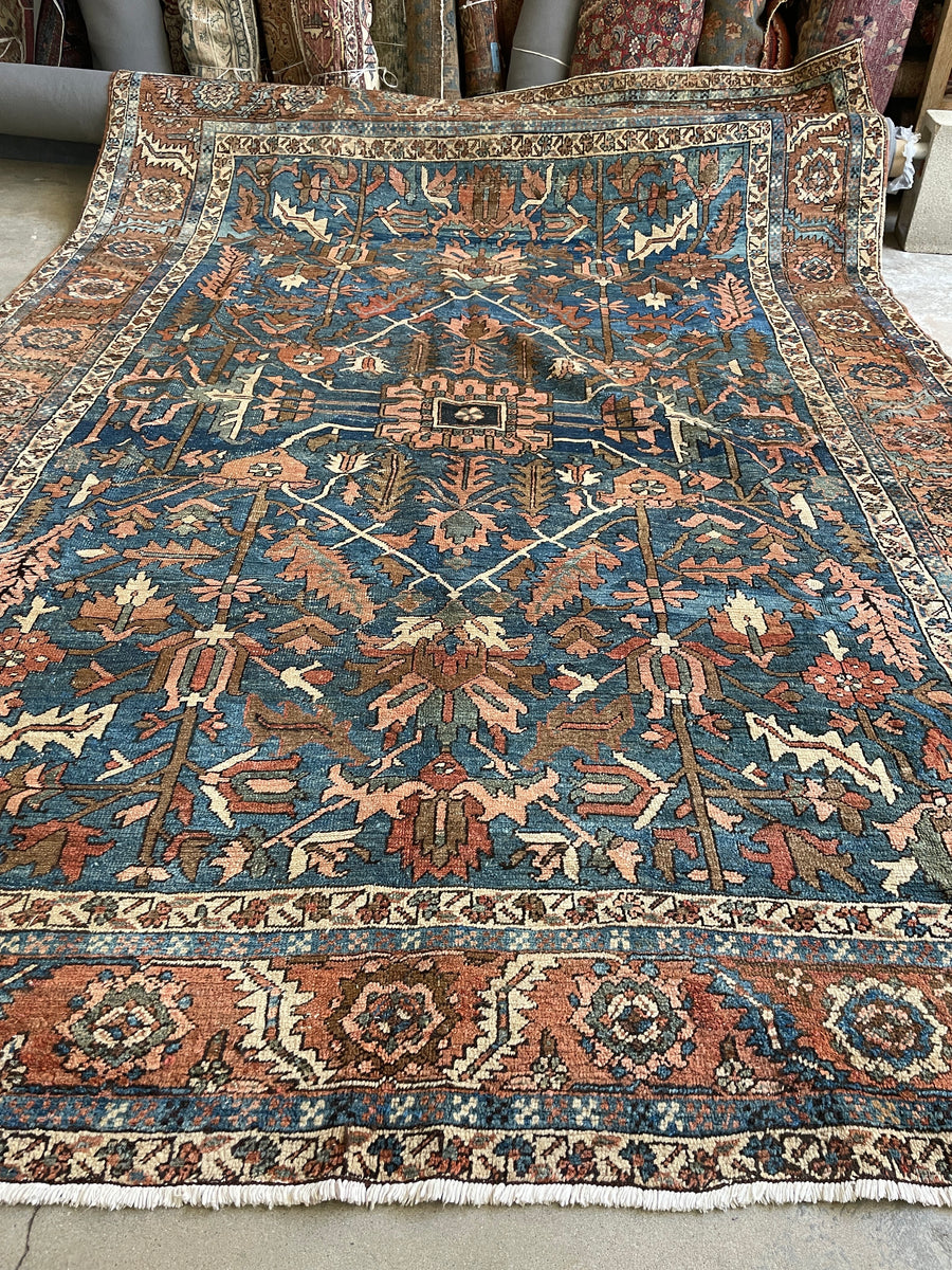 9x12 Antique French Blue Ground Heriz Rug #2857 – Blue Parakeet Rugs